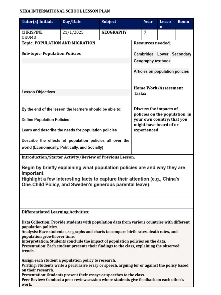 Geography Year 7 Lesson Plan | PDF | Peer Review | Cognition