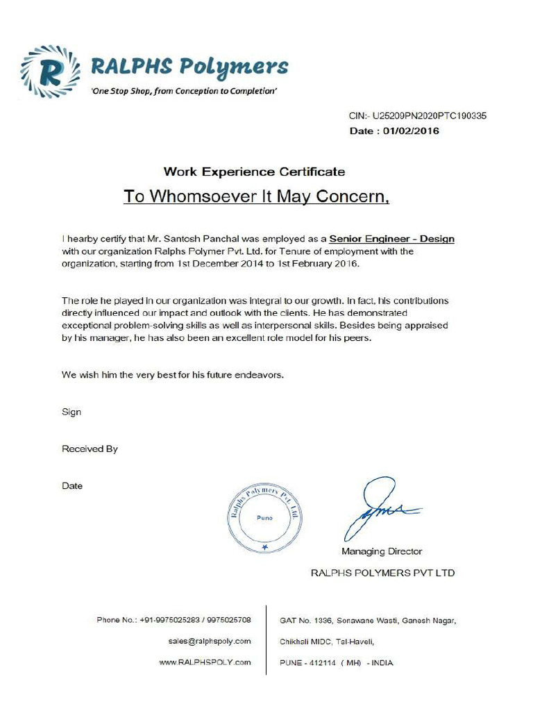 Ralphs Polymer Experience Letter | PDF