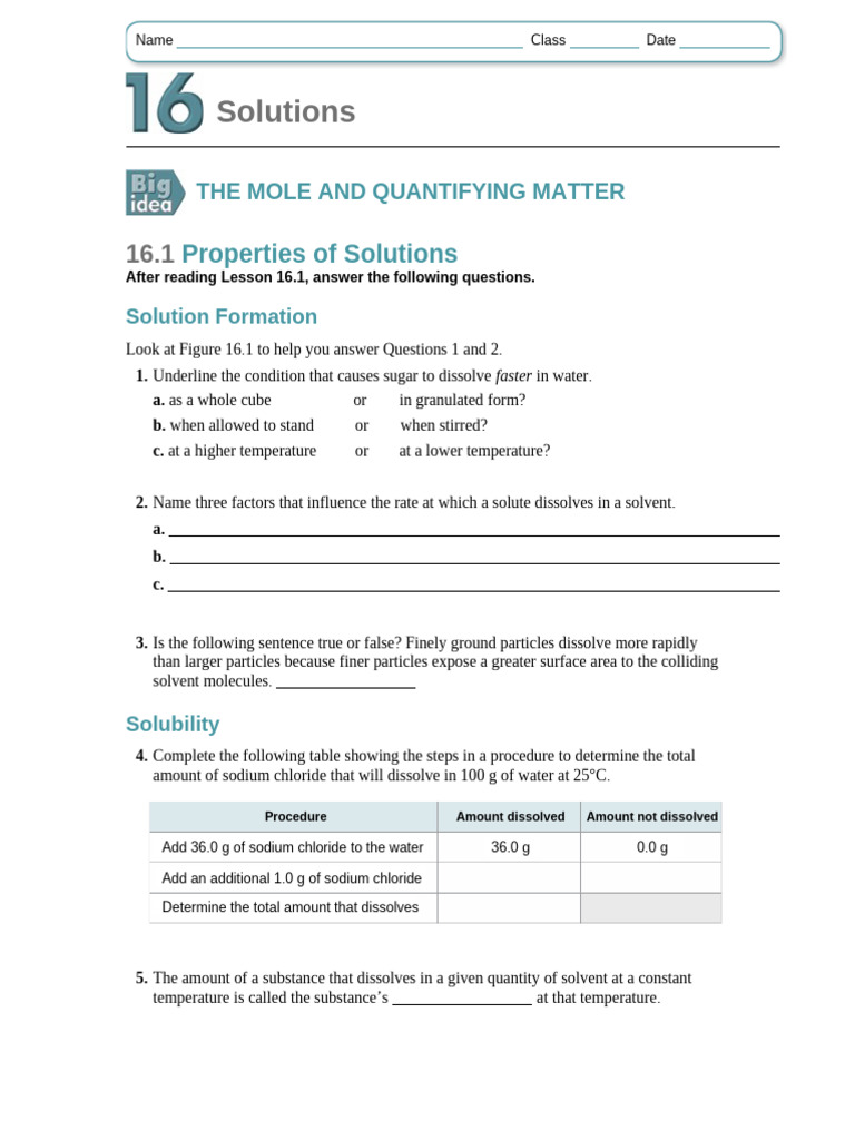 Chemistry Grade 11 Chapter 16 Section 1 | PDF | Solubility | Solvation