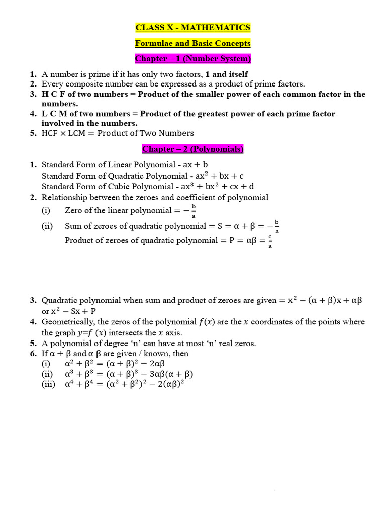 Basic Concepts and Formulae (X) Mathematics | PDF | Quadratic Equation | Polynomial