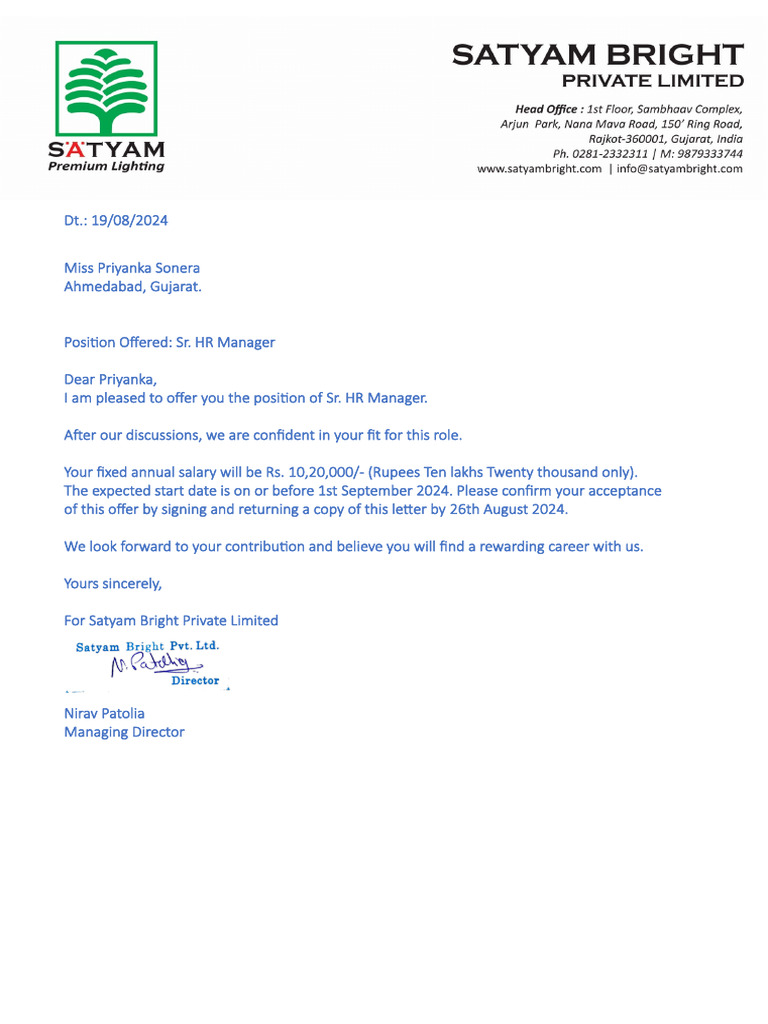 Sr. HR Manager Job Offer Letter | PDF | Employment | Salary