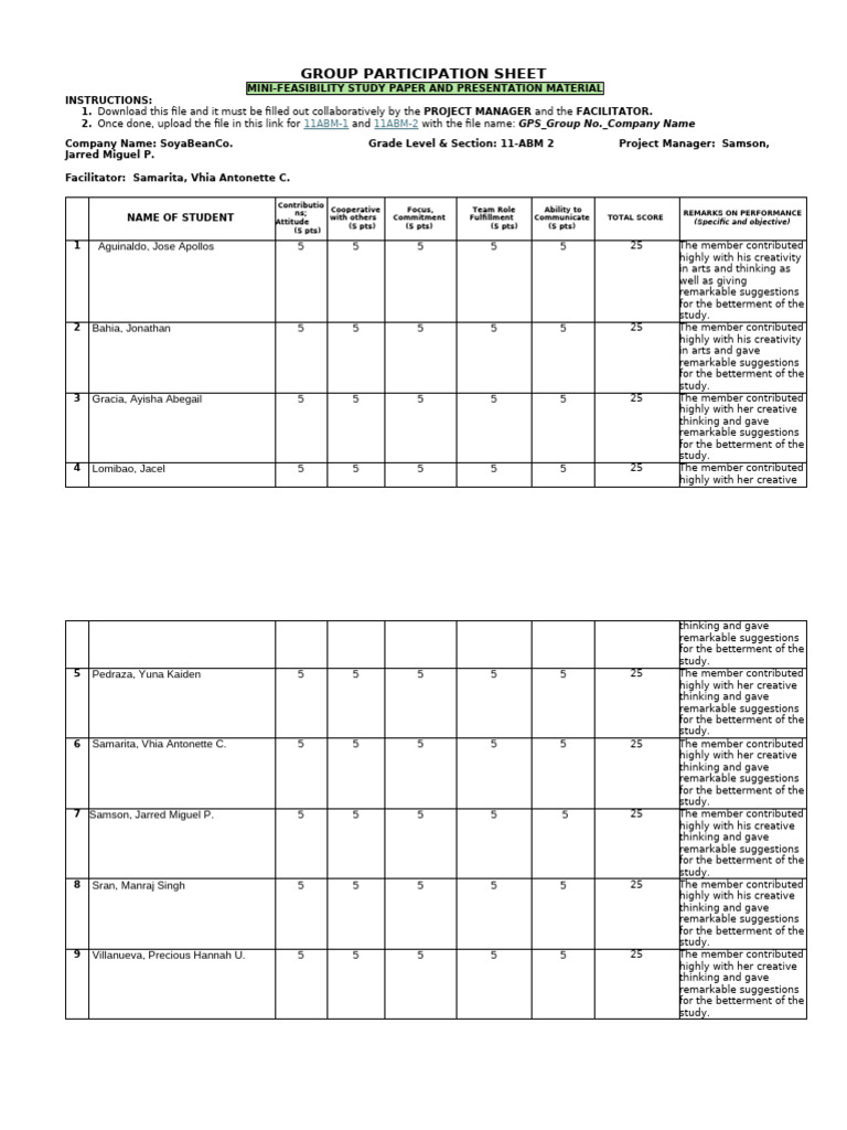Marketing_Group Participation Sheet_MT 1 and PT | PDF