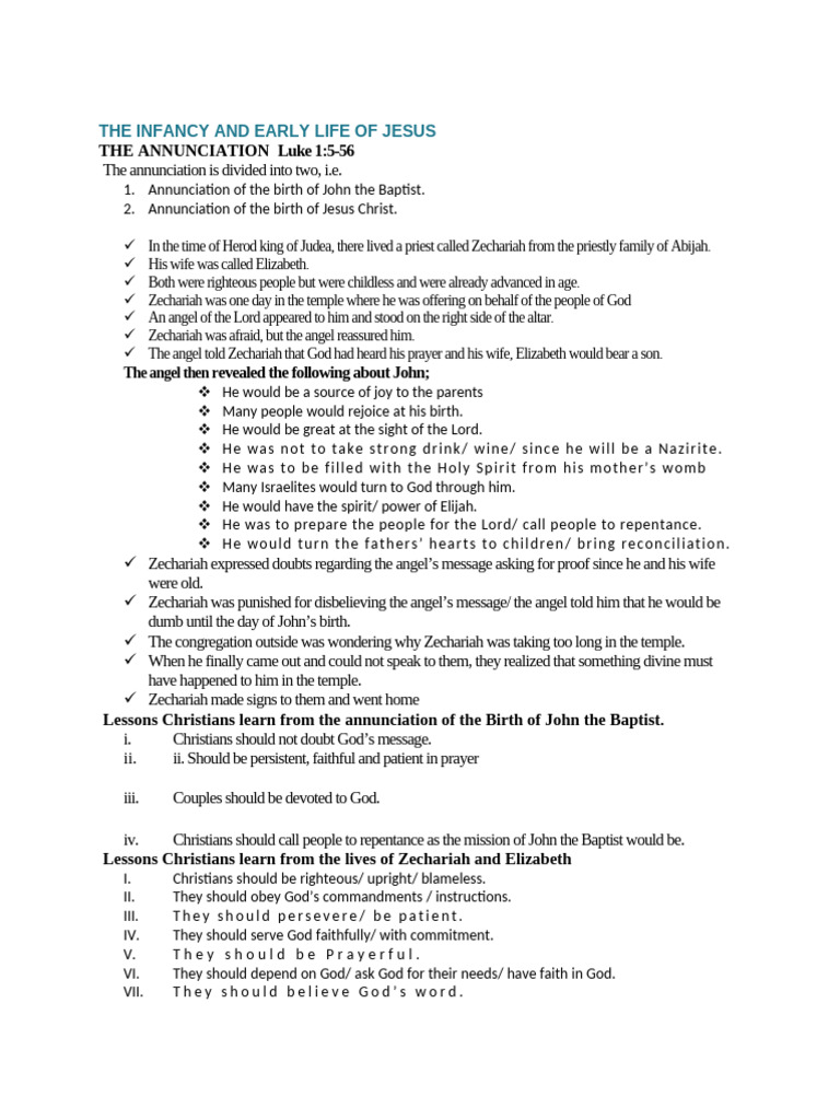 The Infancy and Early Life of Jesus Notes | PDF | Jesus | John The Baptist