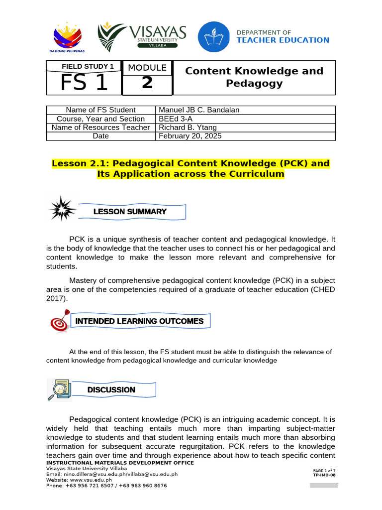 Manuel JB Bandalan - Lesson 2.1 Pedagogical Content Knowledge (PCK) and Its Application Across ...