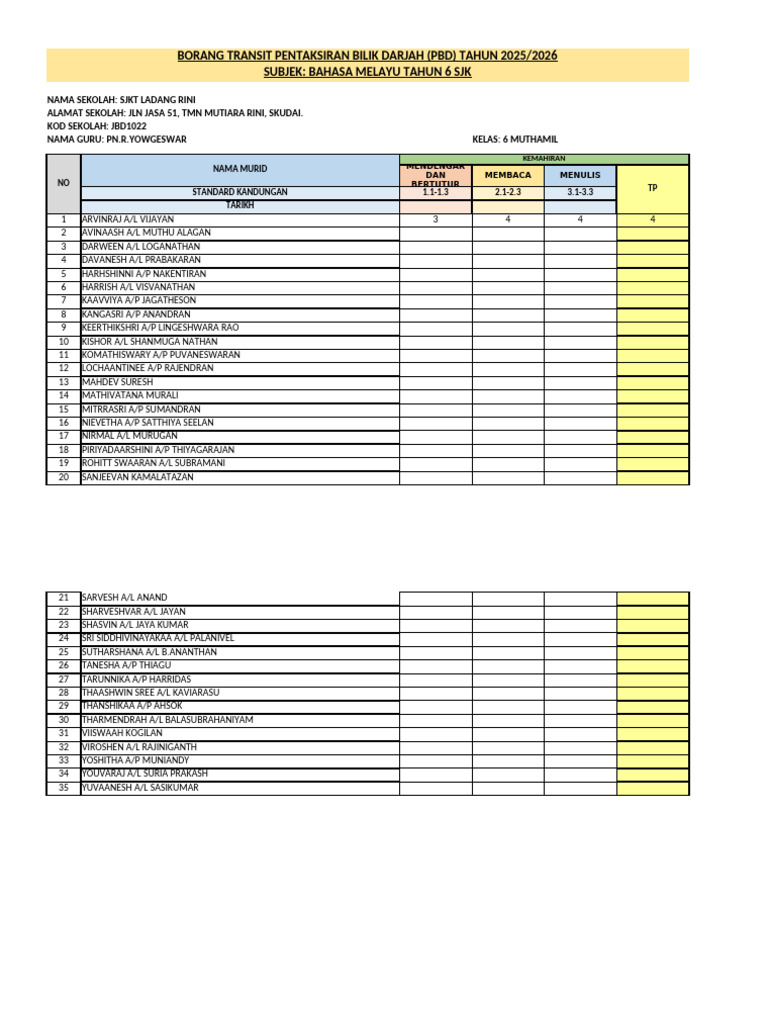 Borang Transit PBD BM THN 6 SJK (Version 2) | PDF