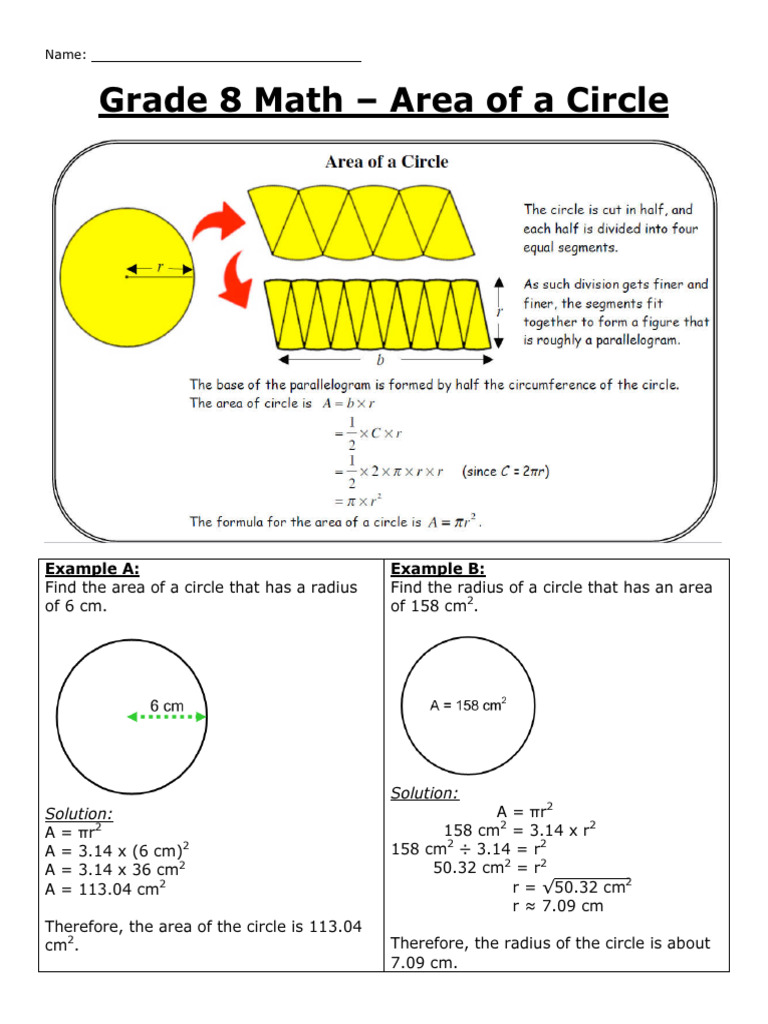 Grade 8 Area of a Circle Worksheet | PDF | Area | Analytic Geometry
