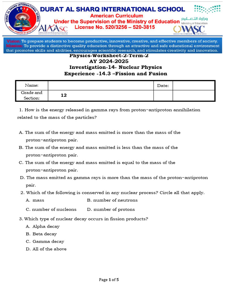 Worksheet (Q.P) Topic 14.3 Fission and Fusion | PDF | Nuclear Physics ...