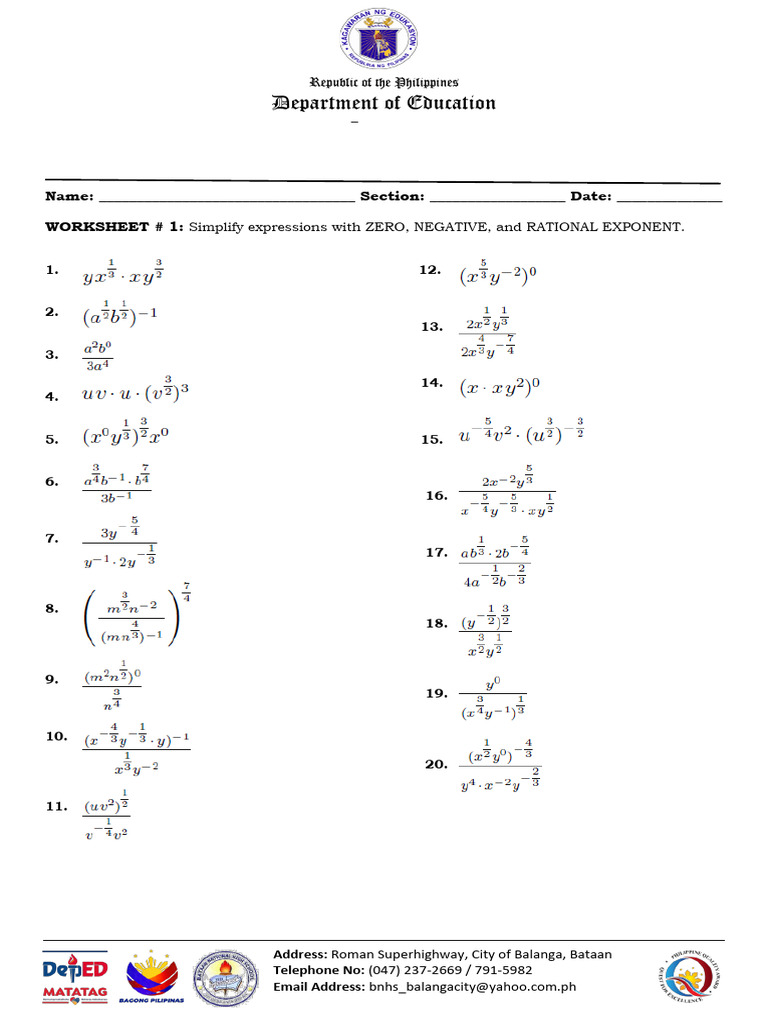 Worksheet 1 - Zero Negative and Rational Exponent | PDF