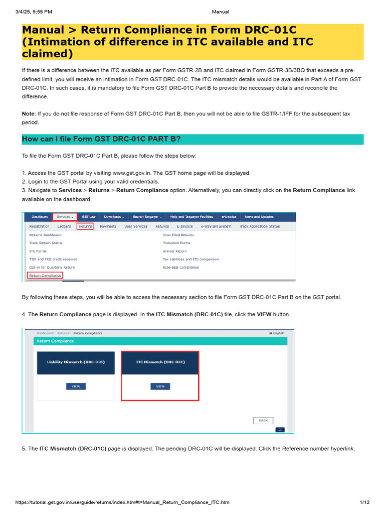 Return Compliance in Form DRC-01C (Intimation of difference in ITC available and ITC claimed ...