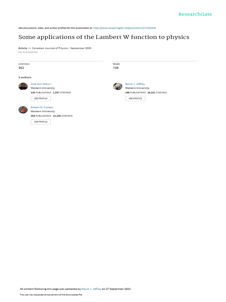 Some Applications of The Lambert W Function To Physics | PDF