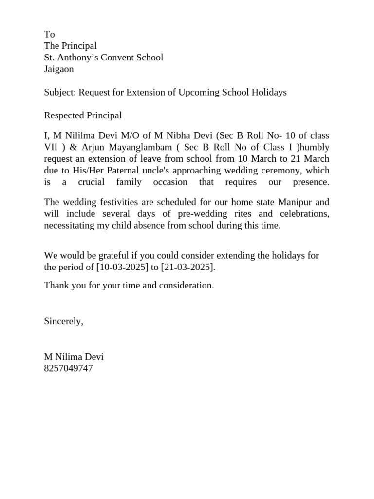 Request for School Holiday Extension | PDF