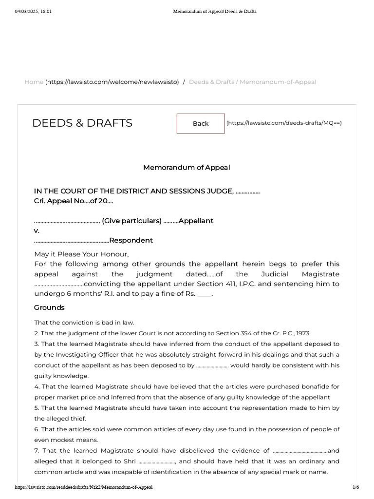 Memorandum of Appeal Template | PDF | Bail | Appeal