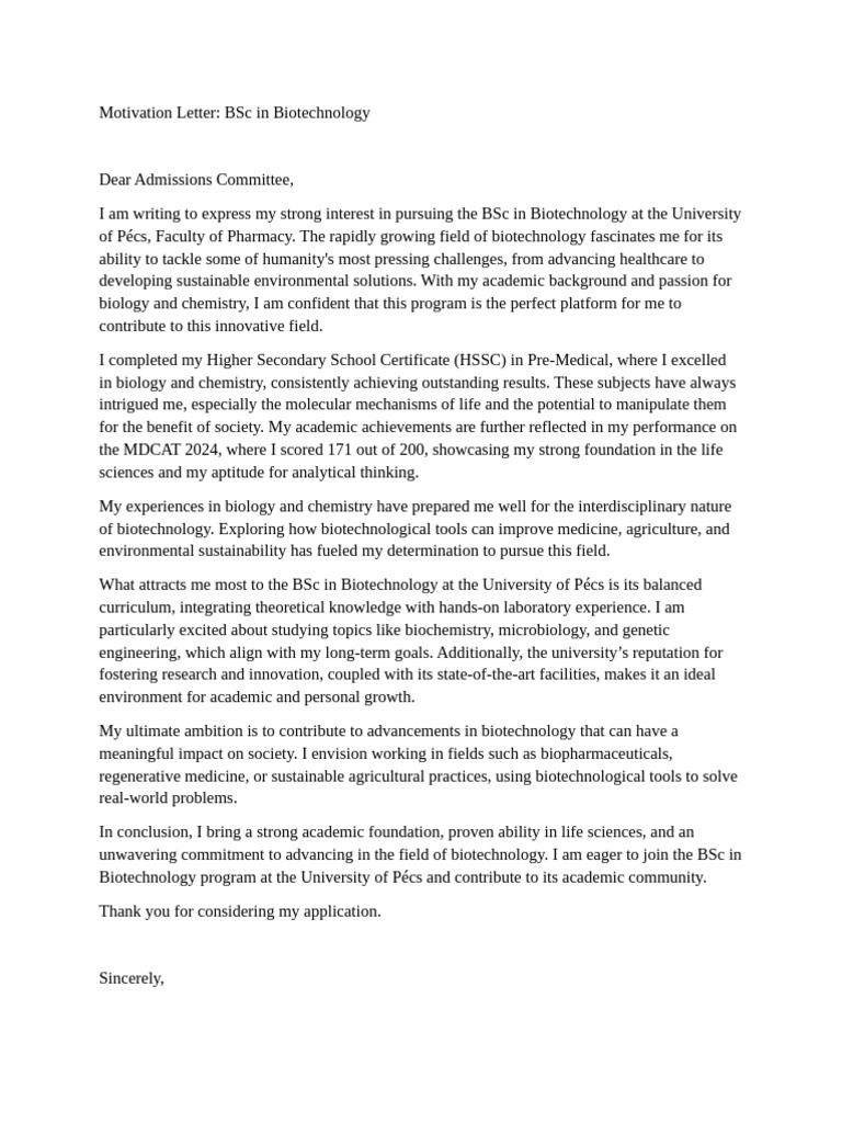 Motivation Letter for BSc Biotechnology | PDF | Biotechnology | Science