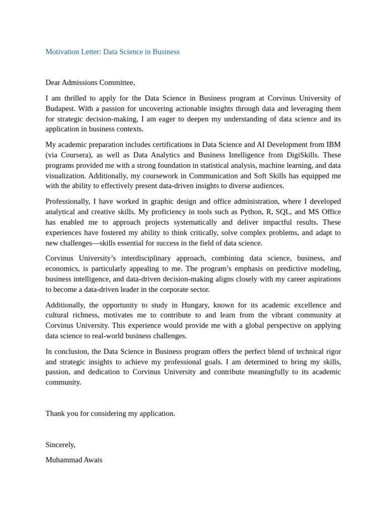 Letter of Motivation (Computer Science Engineering) | PDF