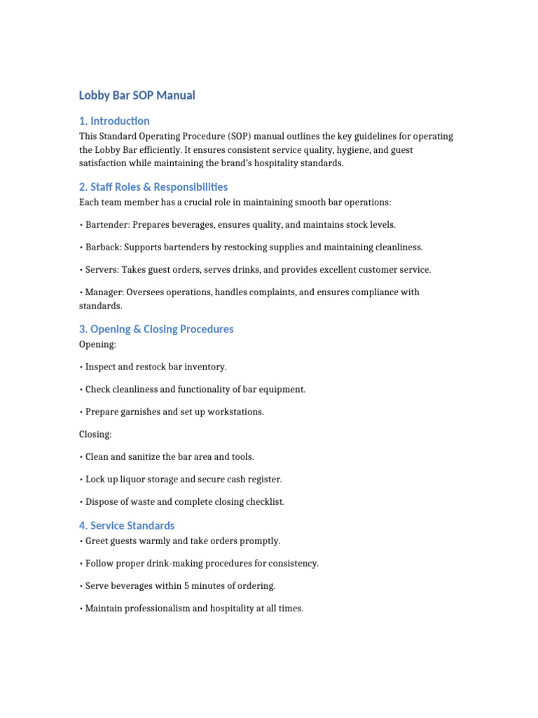 Lobby Bar SOP Manual | PDF