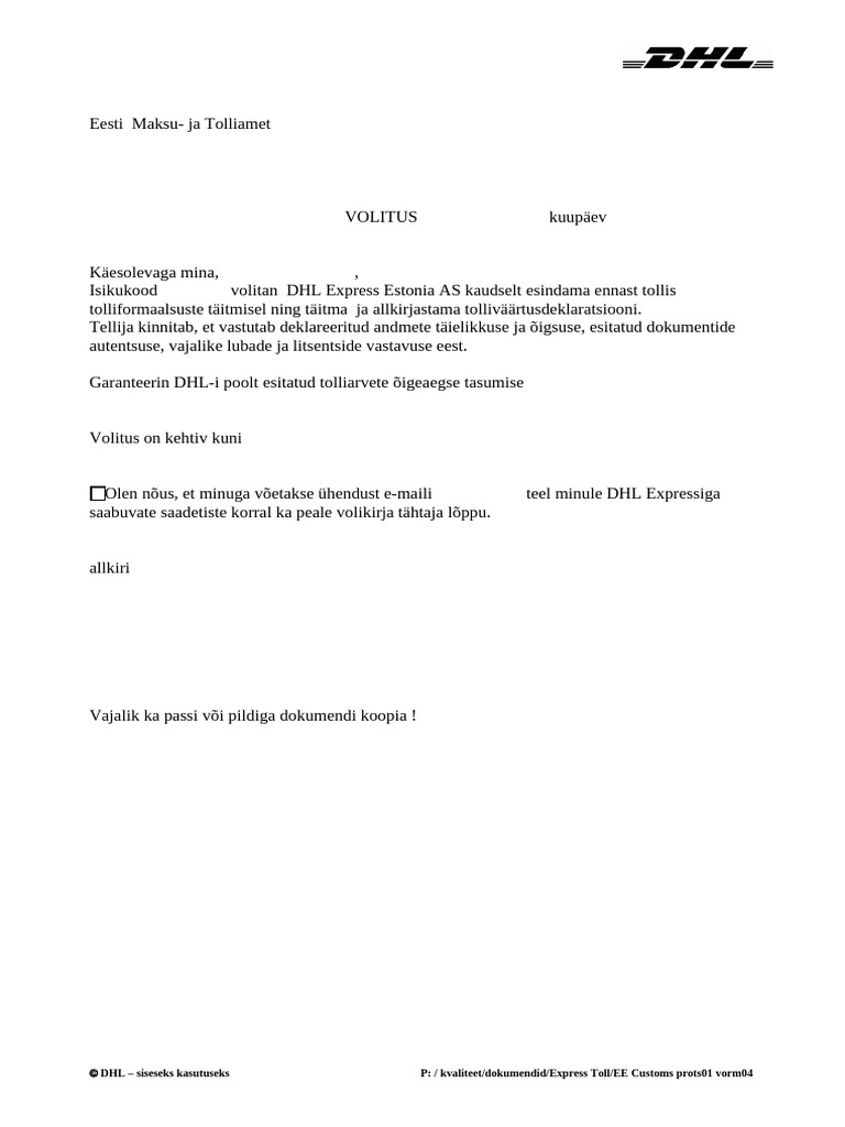 EE Customs Prots01 Vorm04 Volikiri Eraisik | PDF