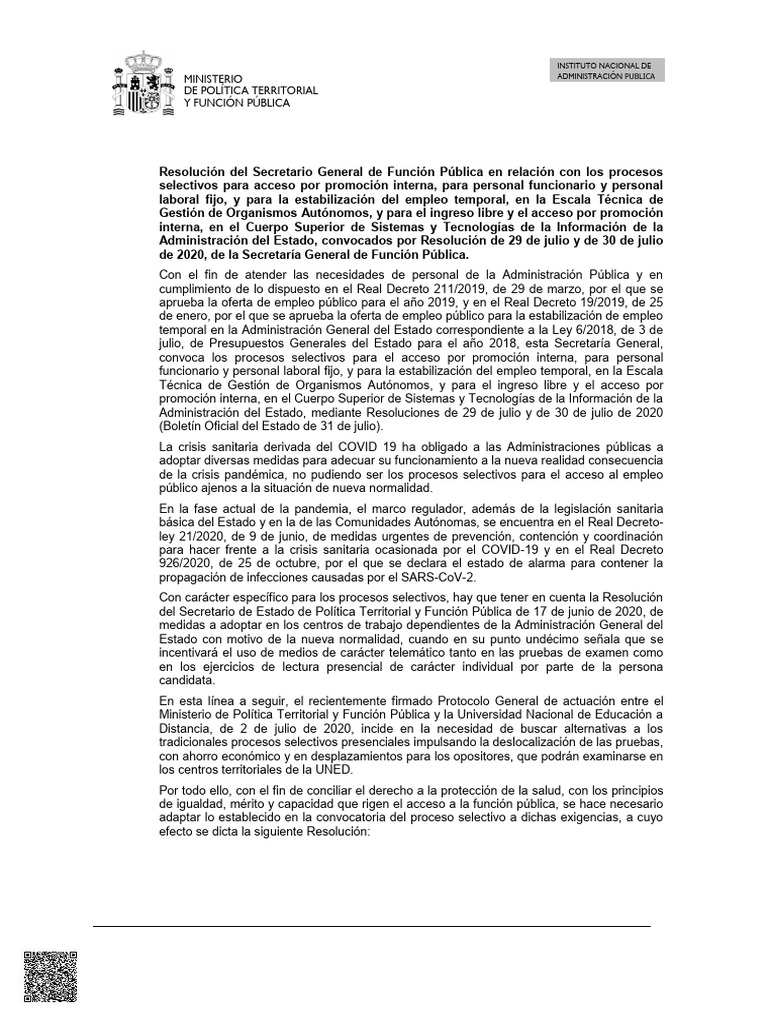 Resolución SGFP Celebración Procesos Selectivos ETGOA OEP2019 154AB89SD658.PDF | PDF ...