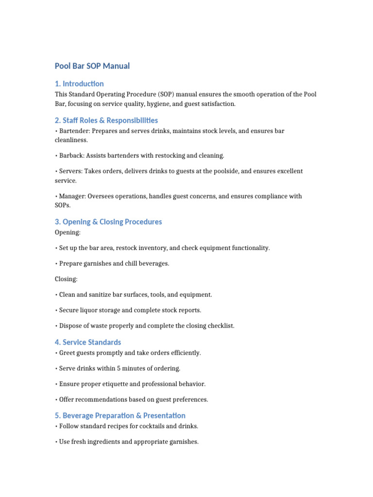 Pool Bar SOP Manual | PDF