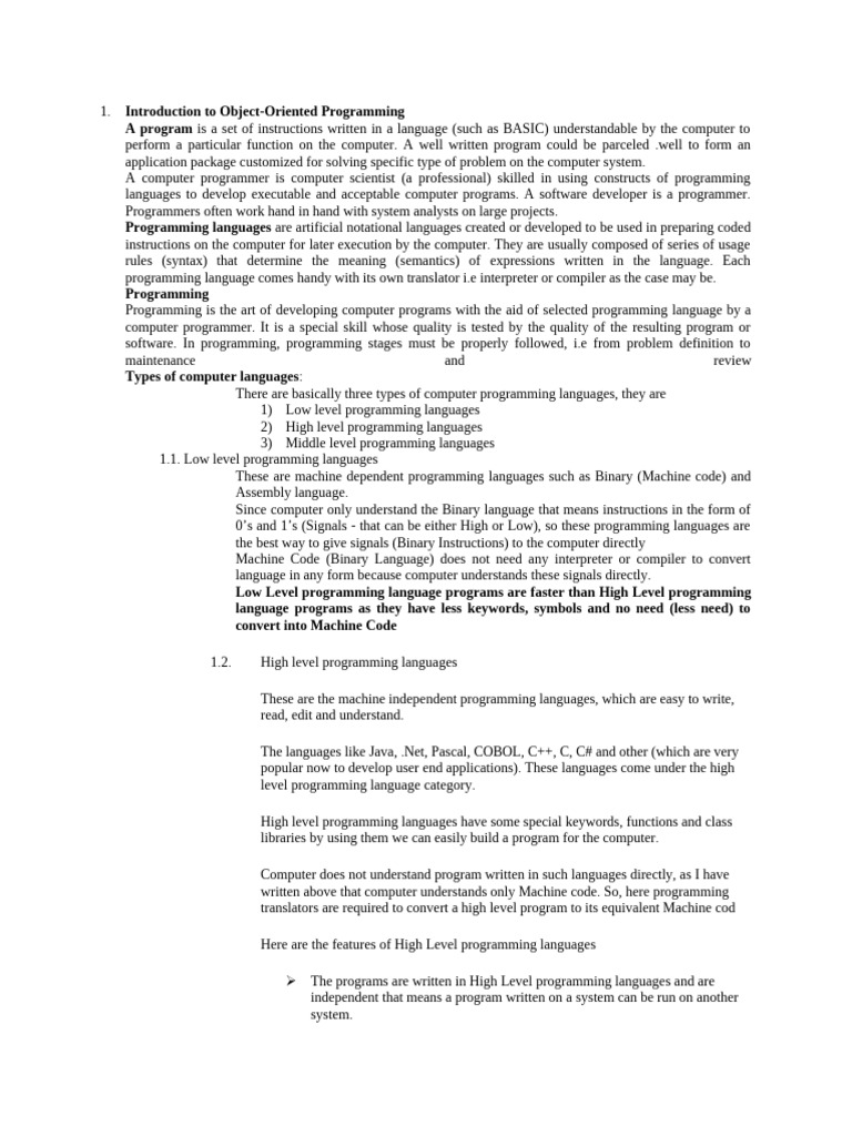 Introduction To Oop Handout 1 Pdf Object Oriented Programming Computer Programming