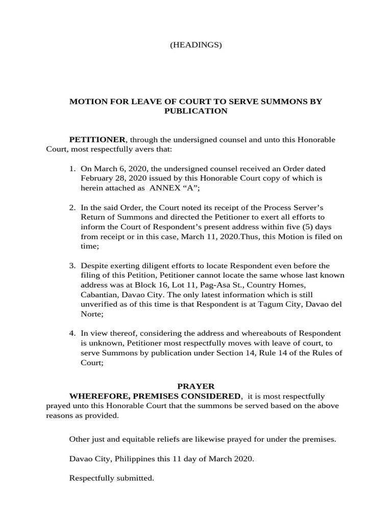 Motion For Leave of Court To Serve Summons by Publication | PDF ...