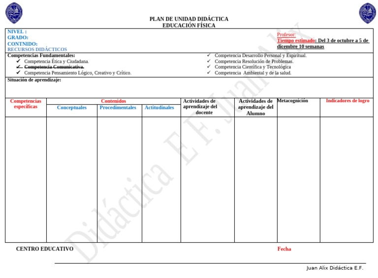 ESQUEMA plan de unidad didáctica MODELO | PDF