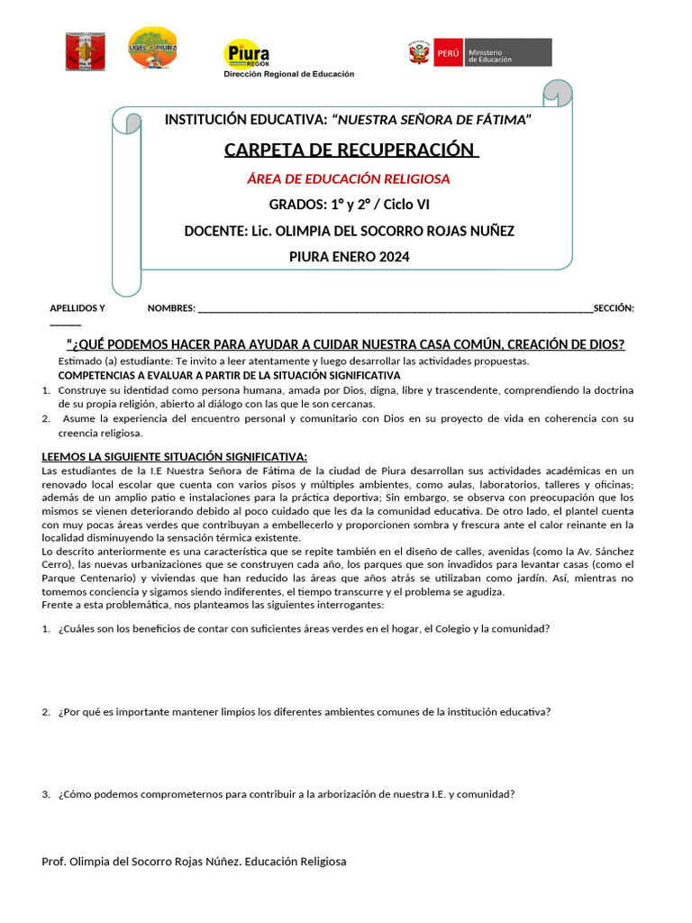 Olimpia Rojas. Carpeta Recupe. Ciclo VI | PDF
