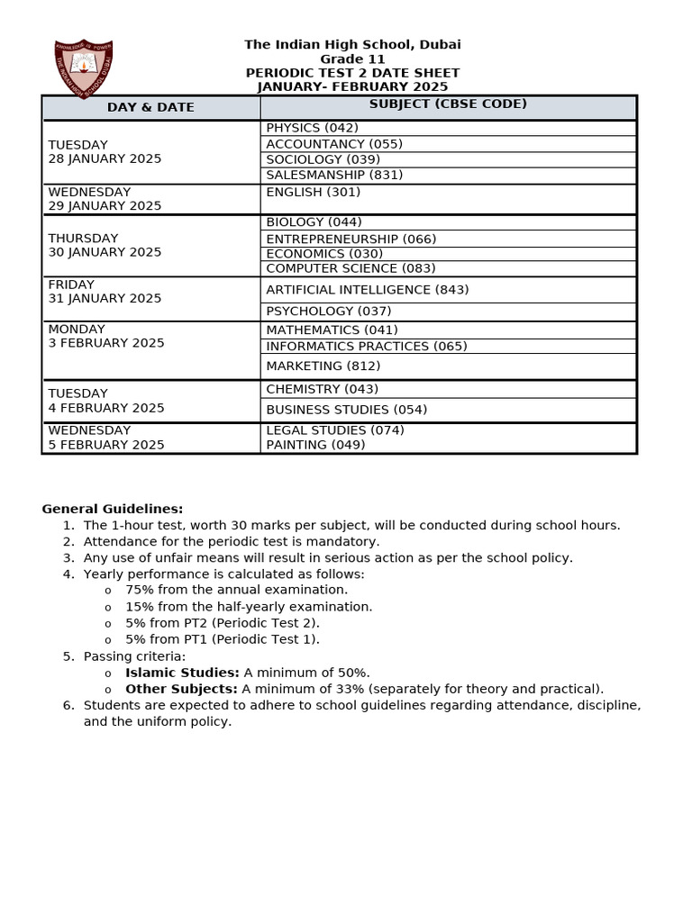 Grade 11 Periodic Test 2 Schedule 2025 | PDF