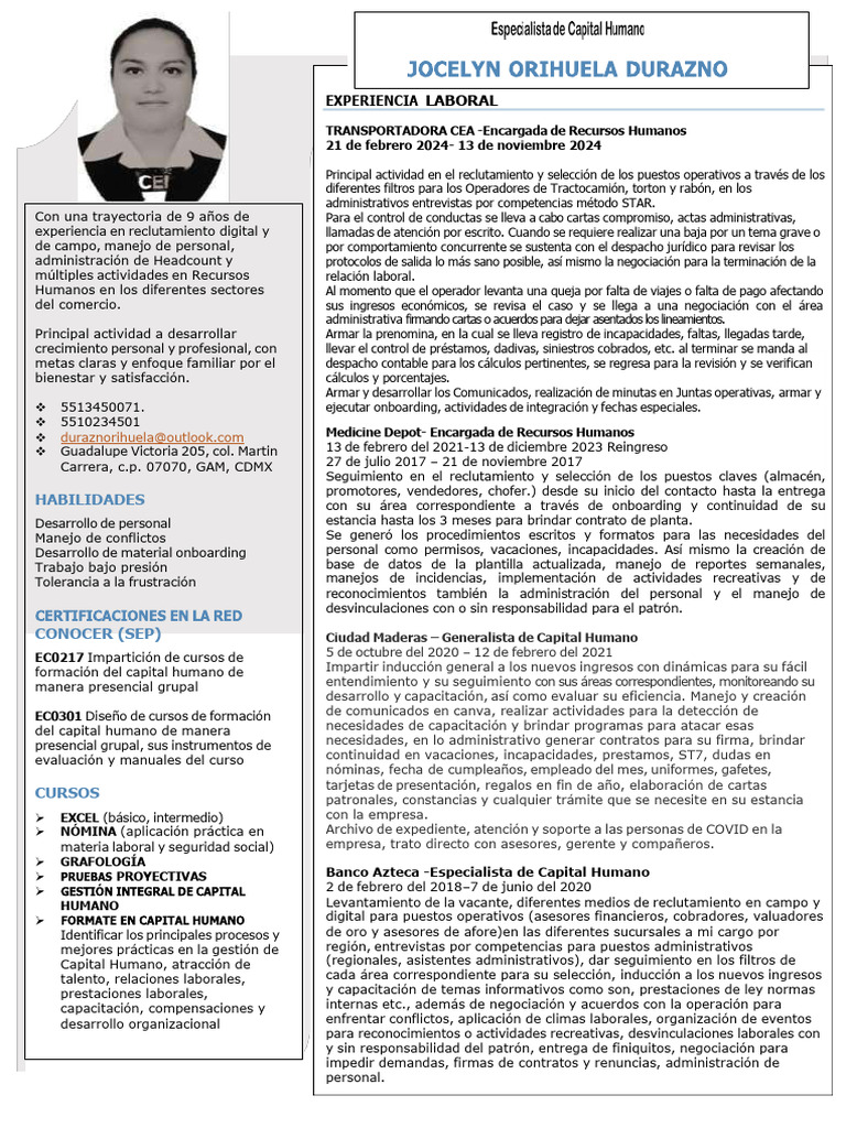 CV Jocelyn Orihuela 2025 Febrero Actual | PDF | Gestión de recursos humanos | Reclutamiento