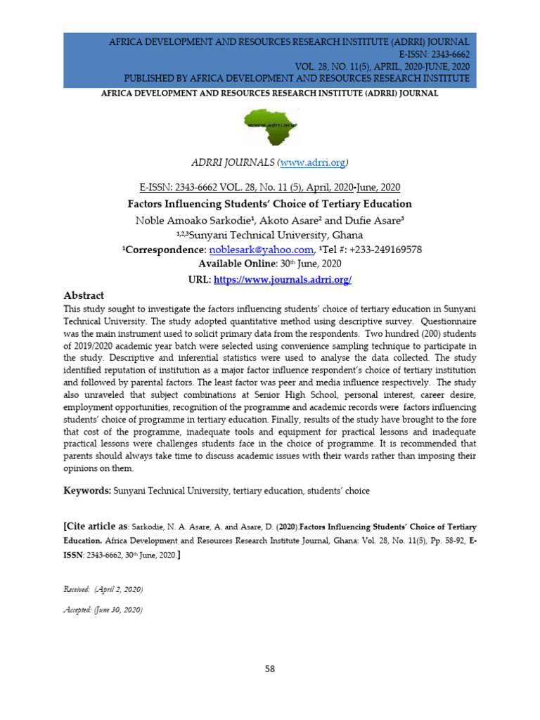 Factors Influencing Students Choice of T | PDF | Coefficient Of Determination | Dependent And ...