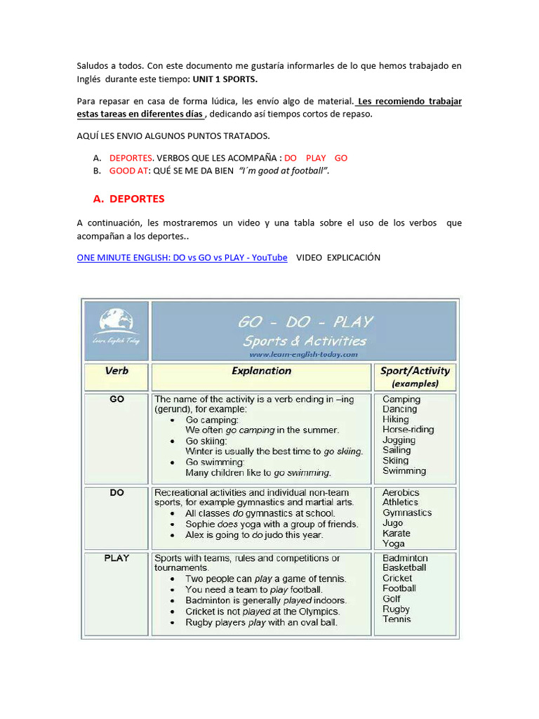 Repaso 4º Unit 1 Sports | PDF