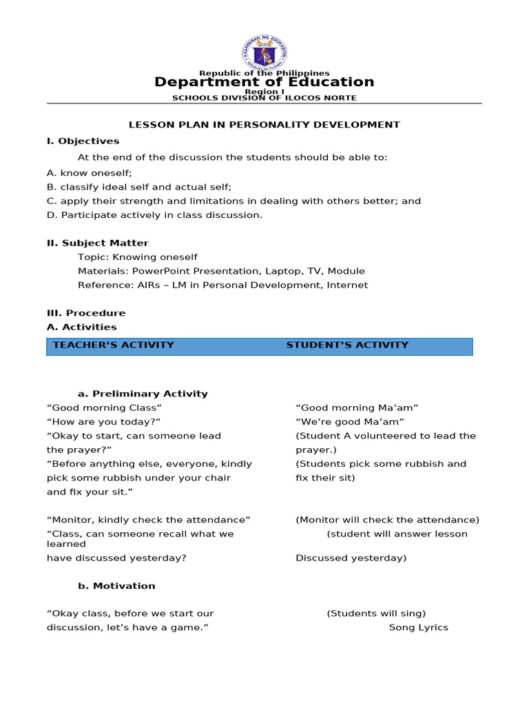 Lesson Plan: Knowing Oneself in Personal Development | PDF | Self ...