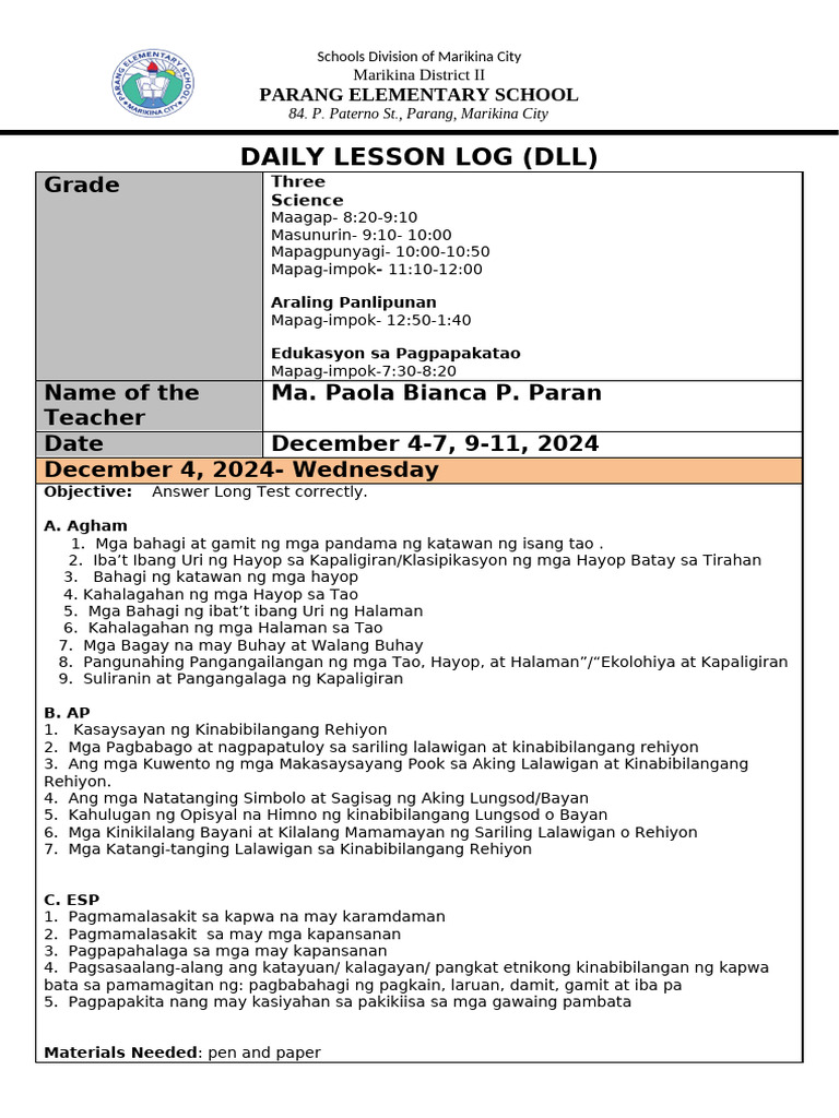 QUARTERLY EXAM LESSON PLAN December 4 11 | PDF