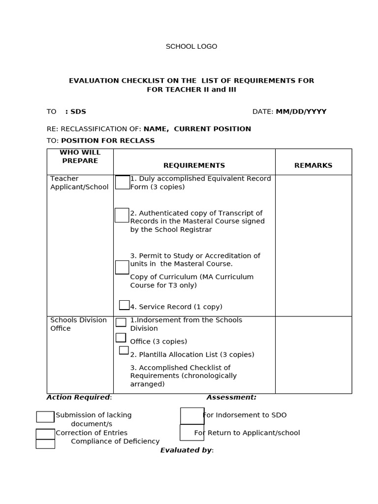 Checklist Erf Evaluation List of Requirements For Teacher Ii and Iii 1 ...