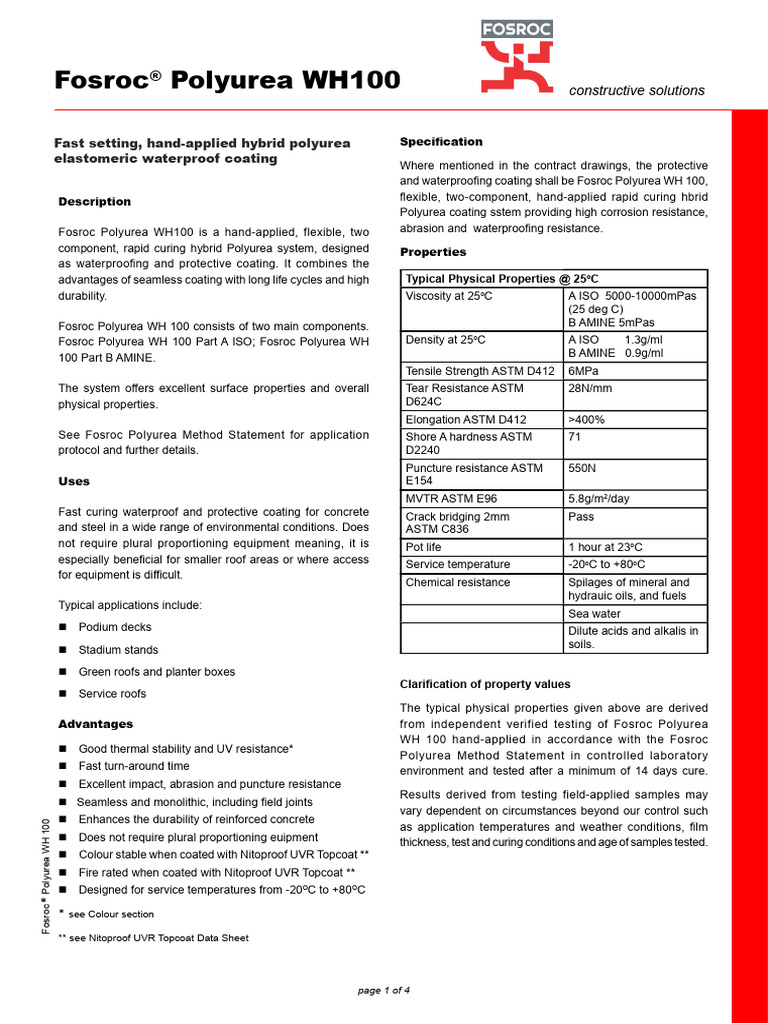 Fosroc Polyurea WH100 Overview | PDF | Concrete | Coating