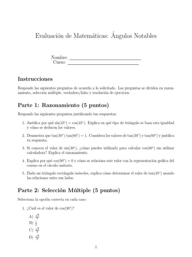 Ejercicios de Ángulos Notables | PDF | Triángulo | Funciones ...