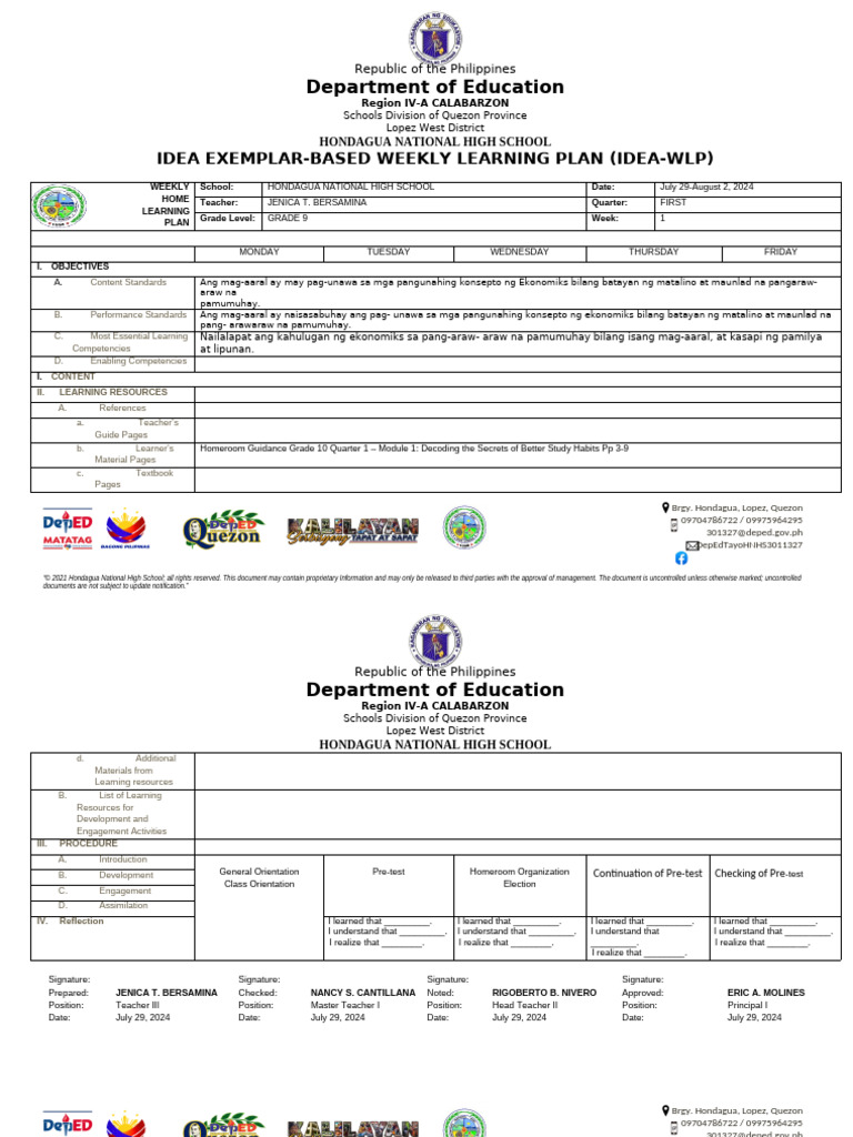 HNHS MATATAG KALILAYAN-TEMPLATE-WHLP WEEK1 Jenica2 | PDF | Learning