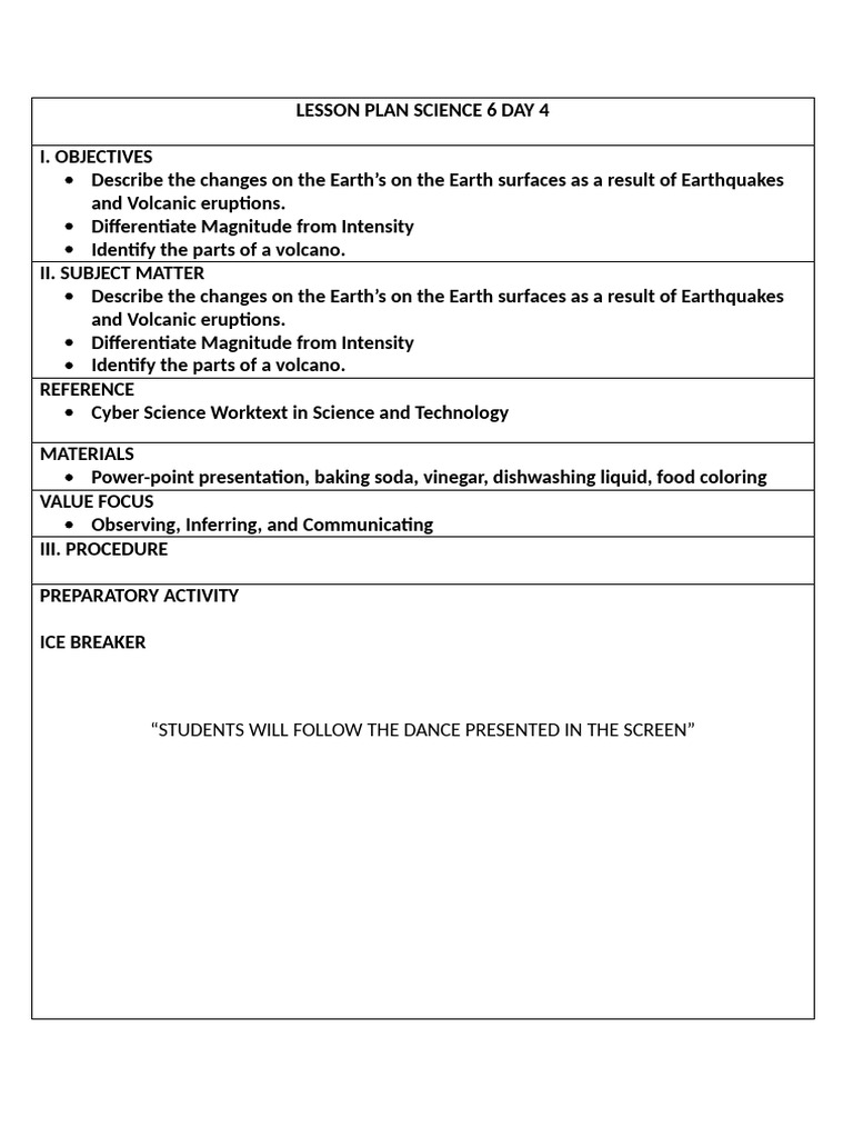 LESSON PLAN DAY 4 FINAL | PDF | Volcano | Earthquakes