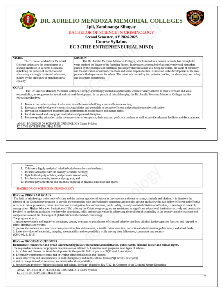 OBE-COURSE-SYLLABUS-BSCrim-entrep Printing | PDF | Crimes | Crime ...