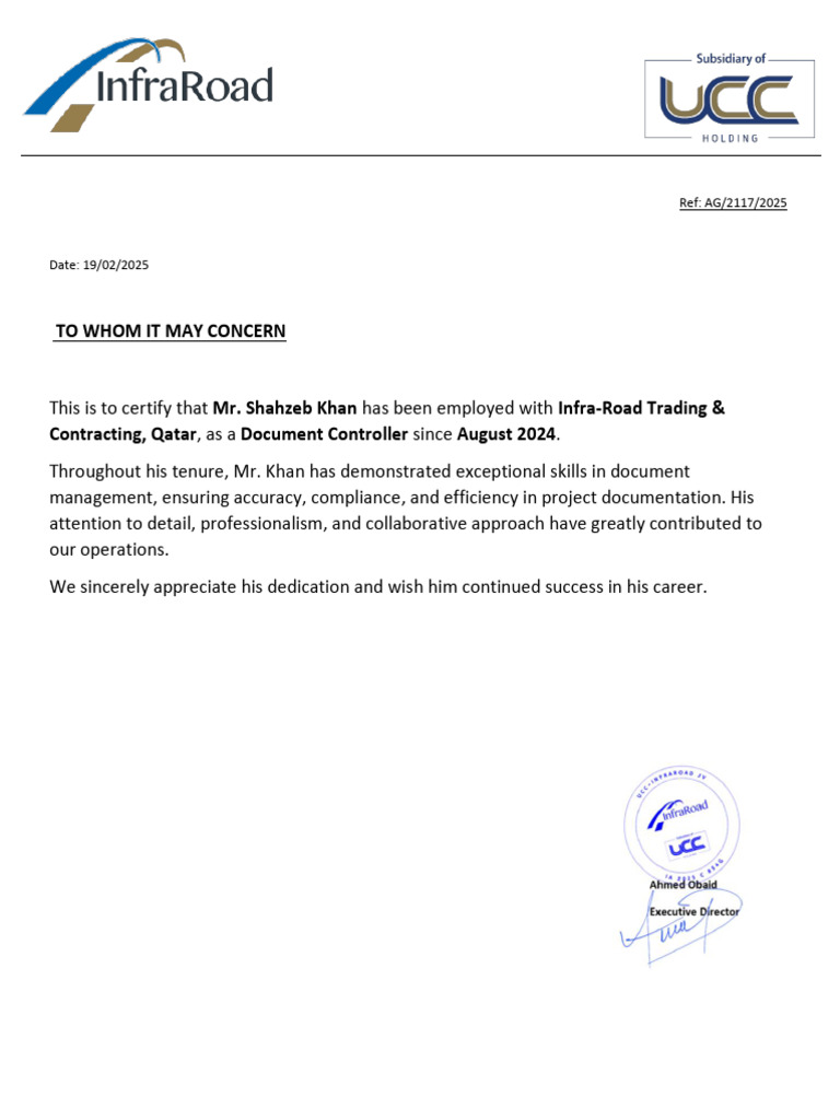 Infra-Road Experience Letter | PDF