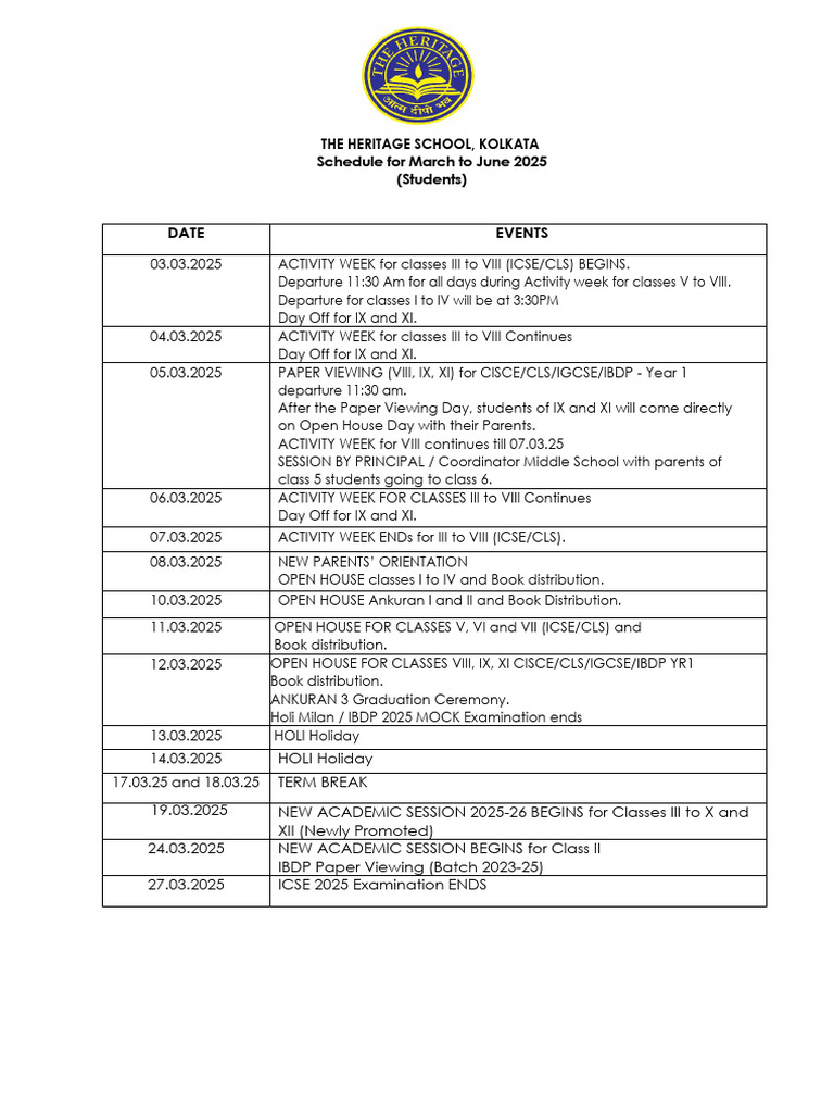 Heritage School Kolkata 2025 Event Schedule | PDF | Schools