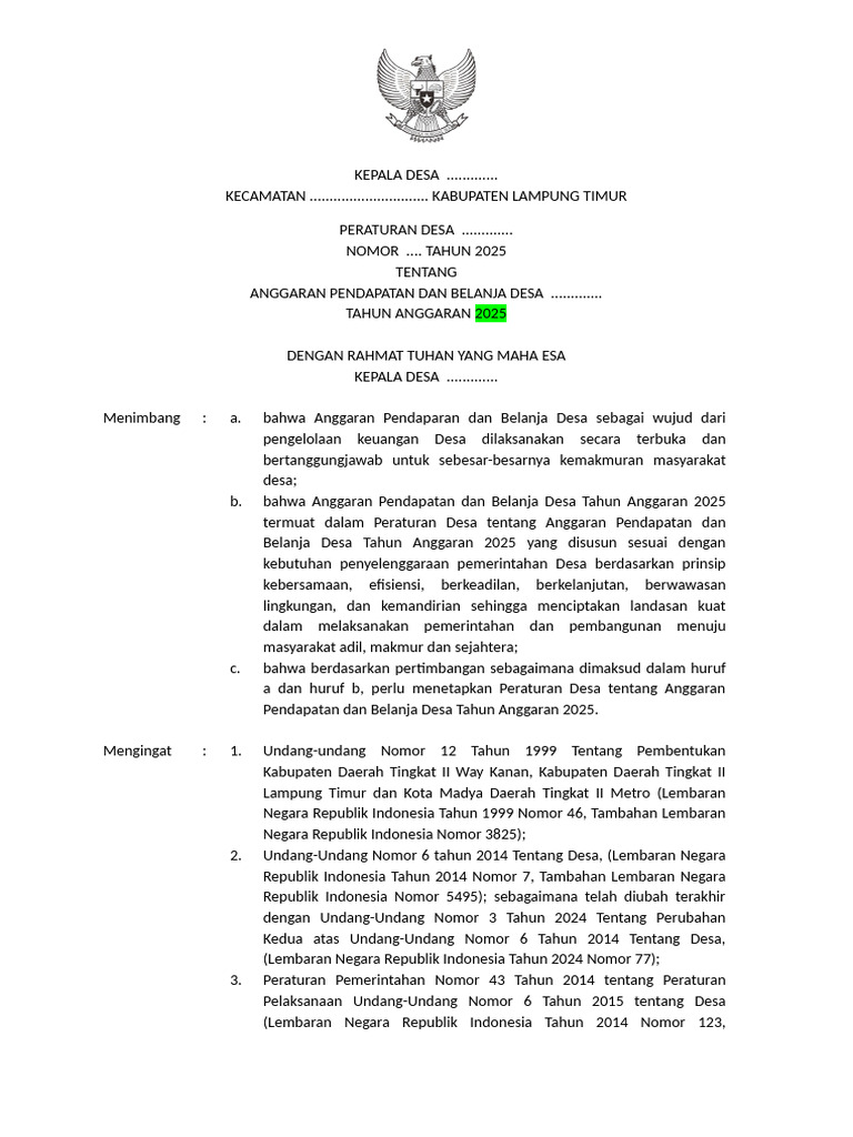 Contoh Perdes APBDes Tahun 2025 | PDF