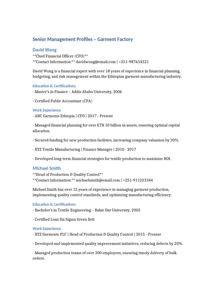 Senior Management Profiles Garment Factory | PDF | Procurement | Supply ...