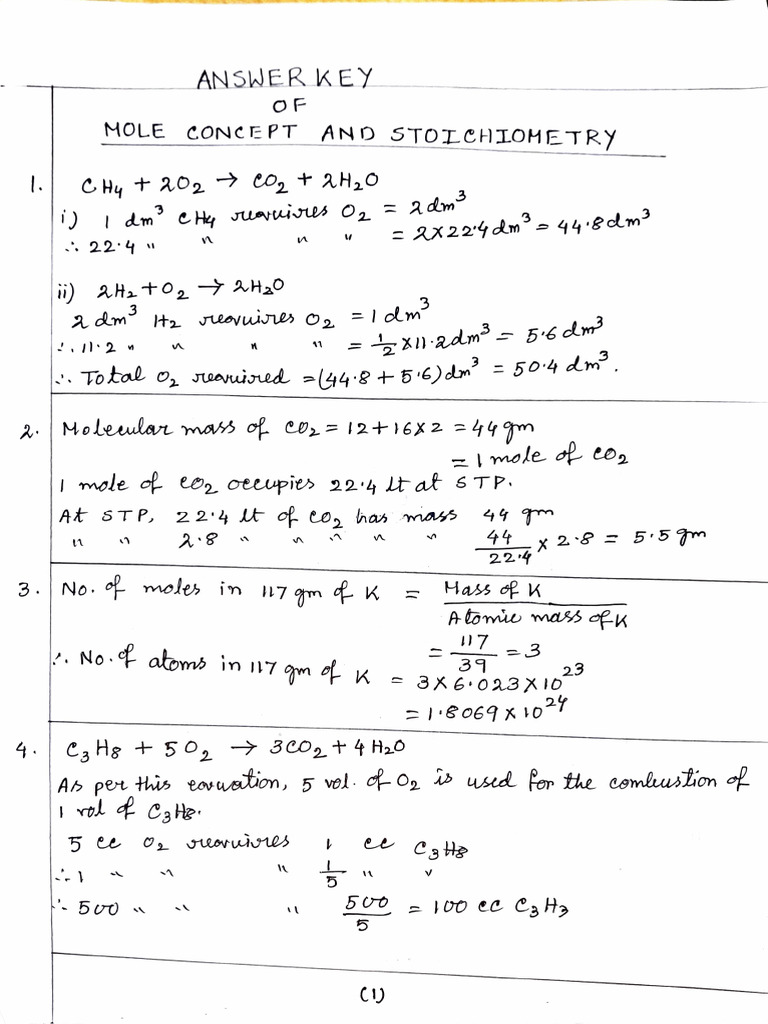 Answer Key To Mole Concept and Stoichiometry | PDF | Chemistry | Quantity