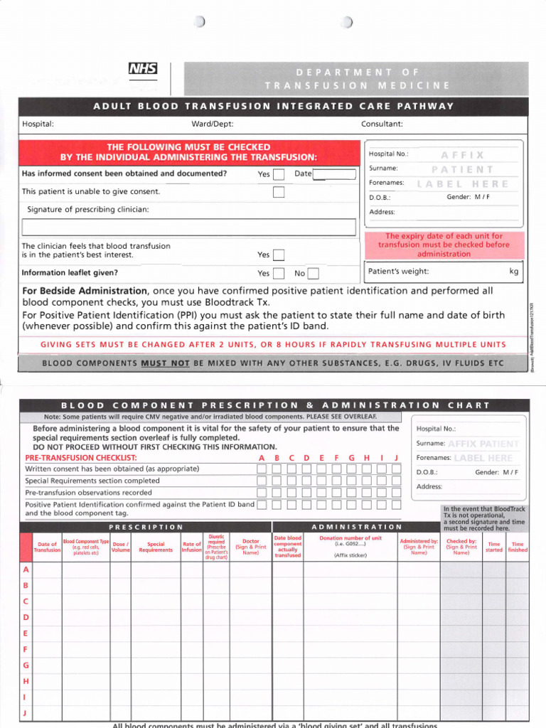 Blood Prescription and Administration Charts Whole DC15081 PDF 89212507 ...