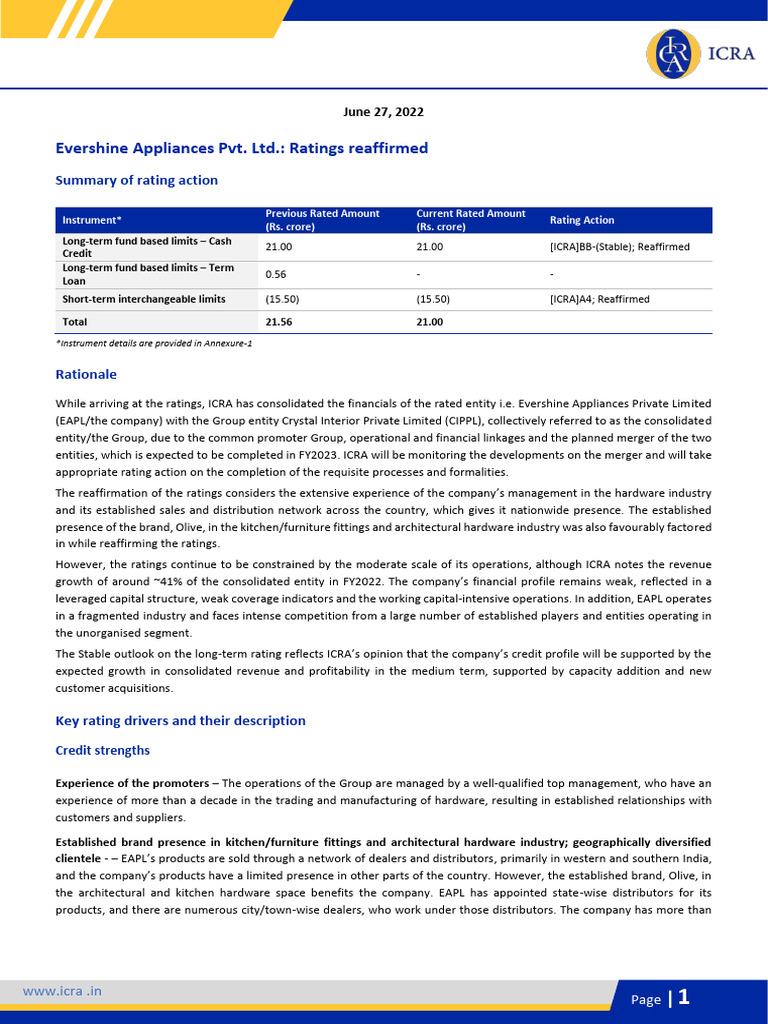 Evershine Appliances Ratings Reaffirmed | PDF | Loans | Capital Structure
