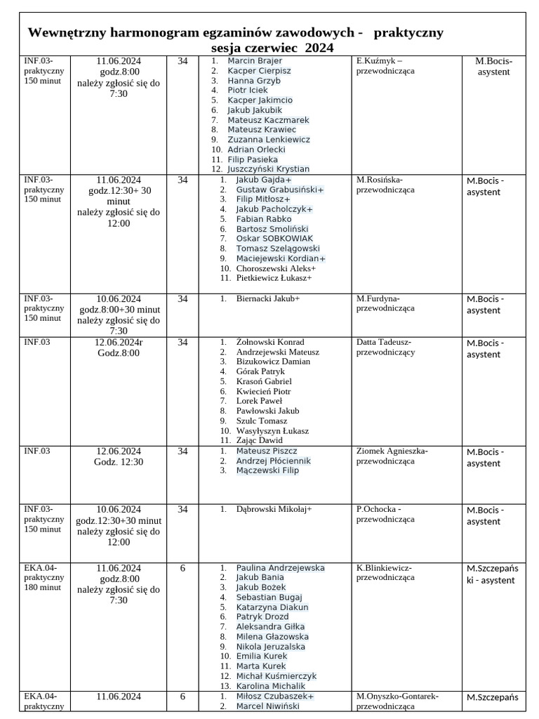 Harmonogram Egz. Zawodowych Sesja Lato 2024 | PDF
