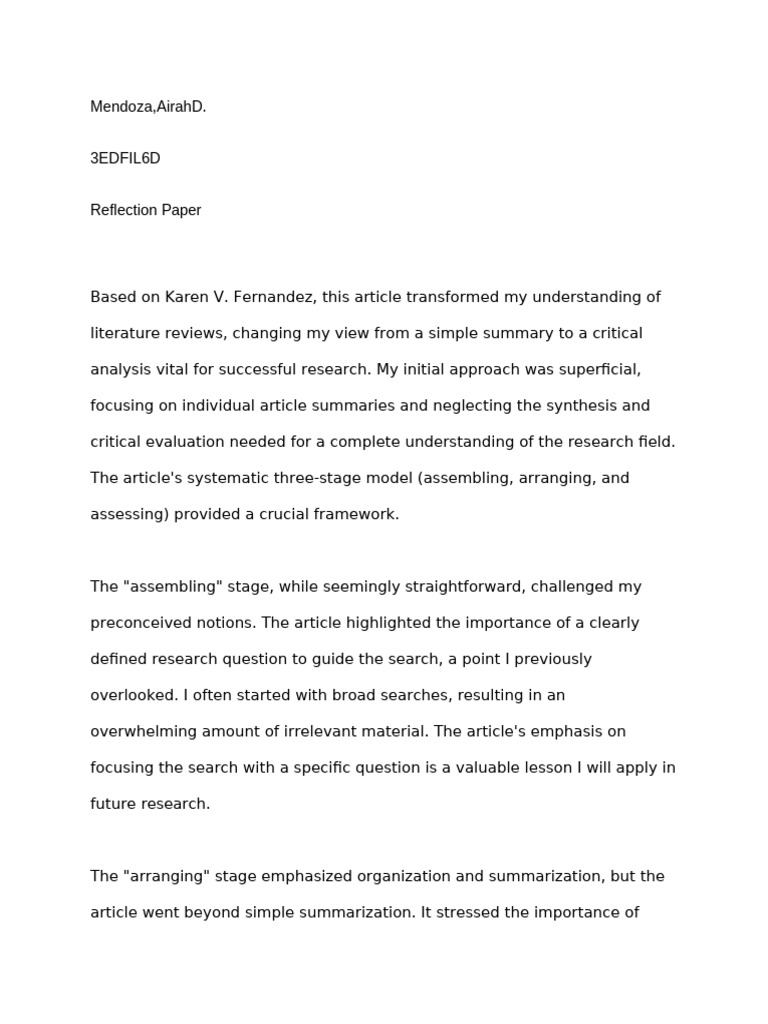 Reflection Paper (Mendoza) | PDF | Evaluation | Literature Review