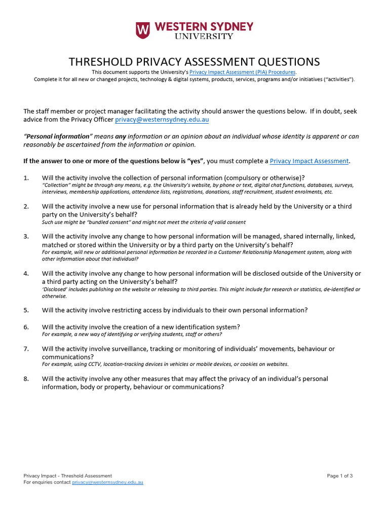 PIA Assessment Non-Digital v2 | PDF | Surveillance | Privacy