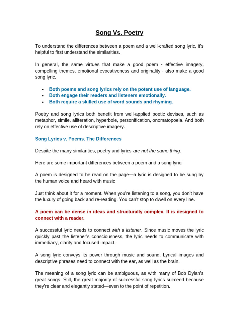 Differences Between Songs & Poetry | PDF | Poetry | Lyrics