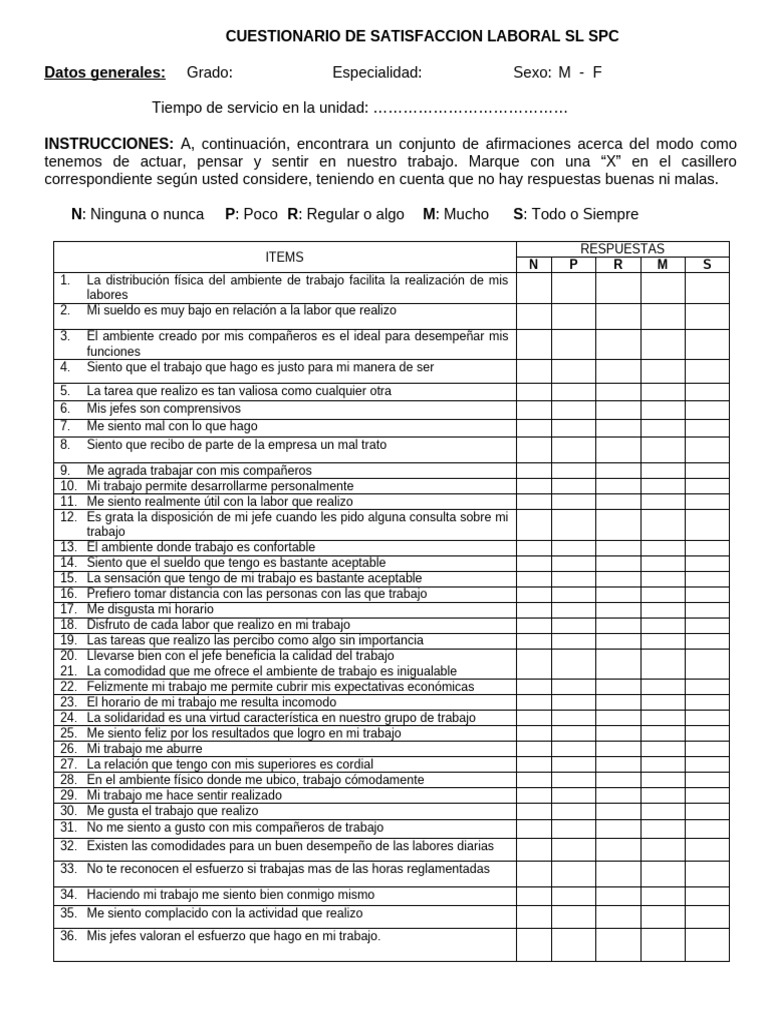 CUESTIONARIO DE SATISFACCION LABORAL SL SPC | PDF